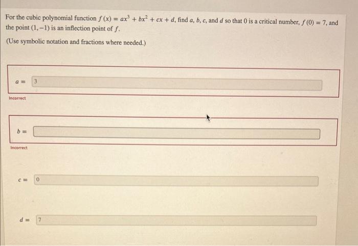 Solved For the cubic polynomial function f(x)=ax3+bx2+cx+d, | Chegg.com