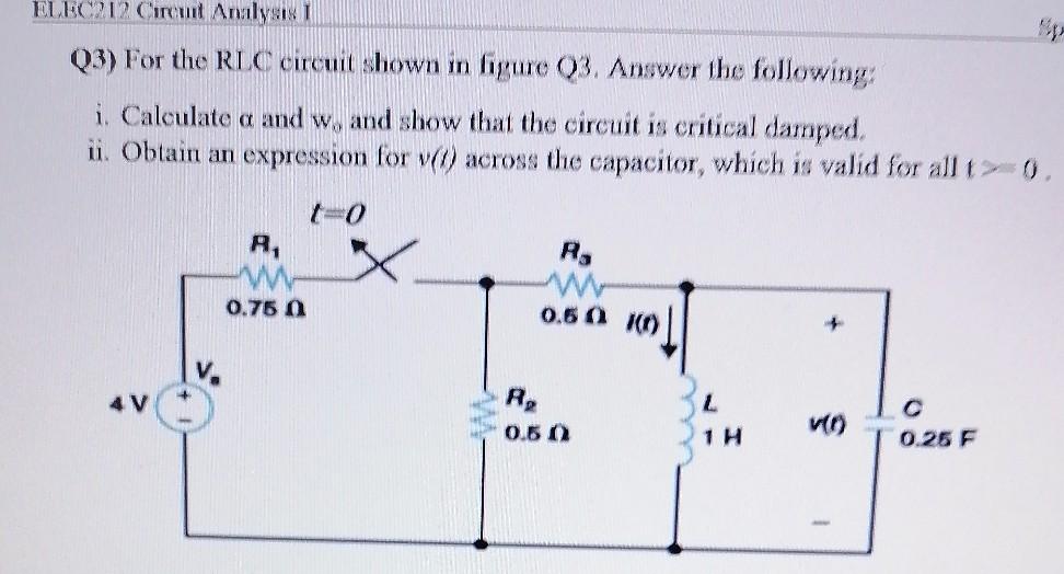 Solved ELECRI2 Circuit Analysis I Q3) For the RLC circuit | Chegg.com
