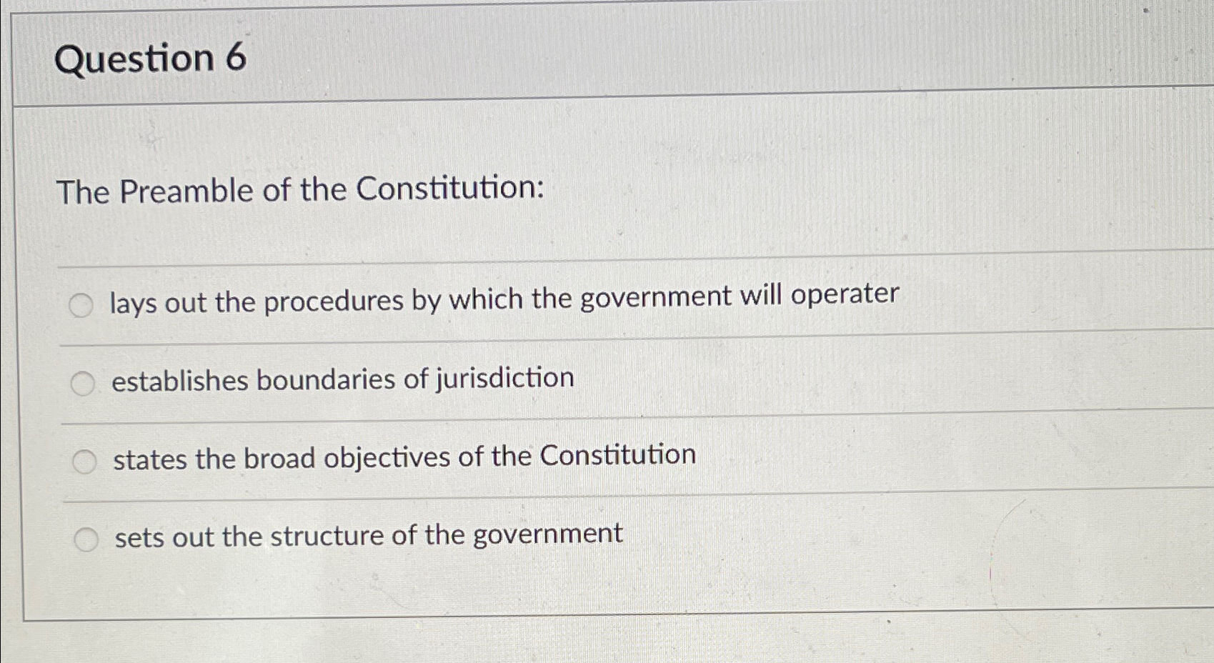 Solved Question 6The Preamble of the Constitution:lays out | Chegg.com