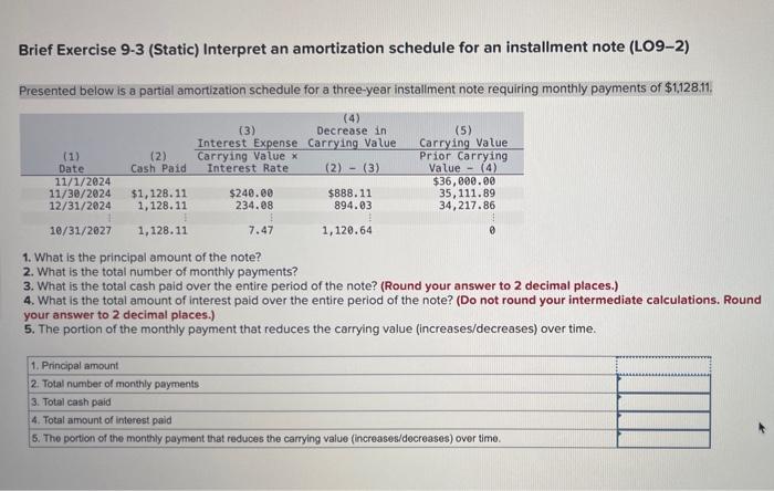 Solved Brief Exercise 9-3 (Static) Interpret an amortization | Chegg.com