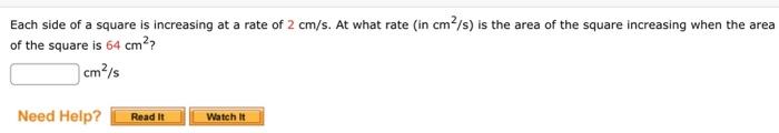 Solved Each side of a square is increasing at a rate of 2 | Chegg.com