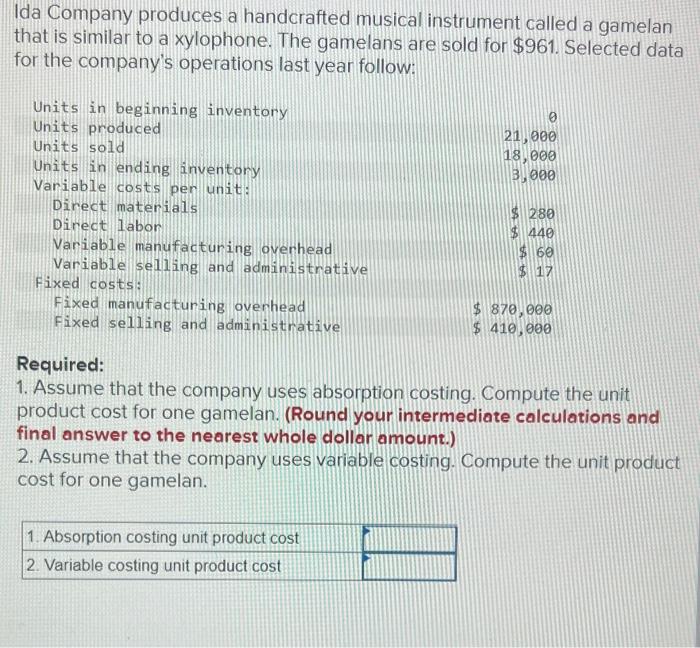 Solved Ida Company produces a handcrafted musical instrument | Chegg.com