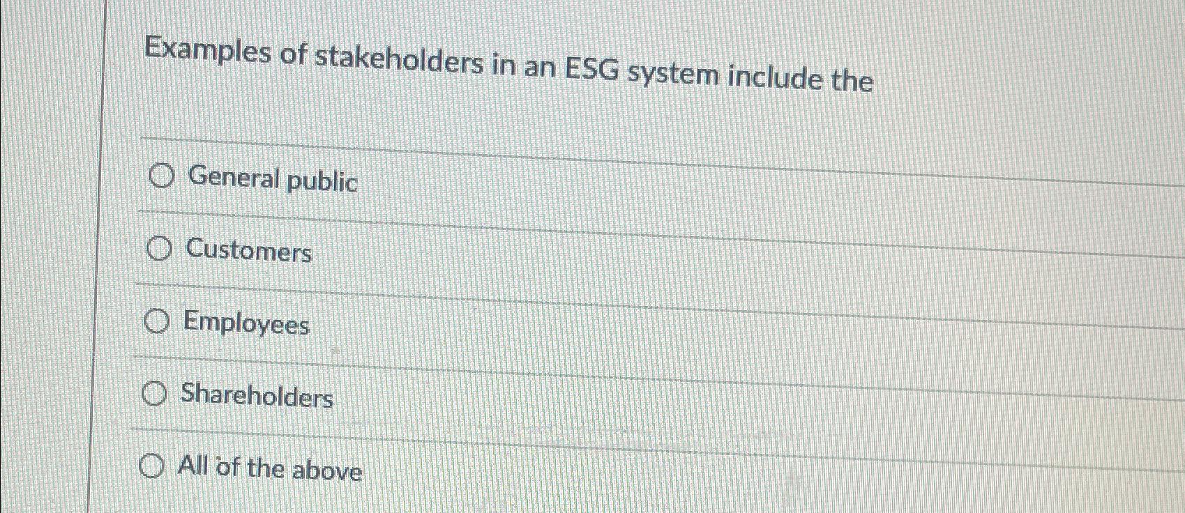 Solved Examples of stakeholders in an ESG system include | Chegg.com