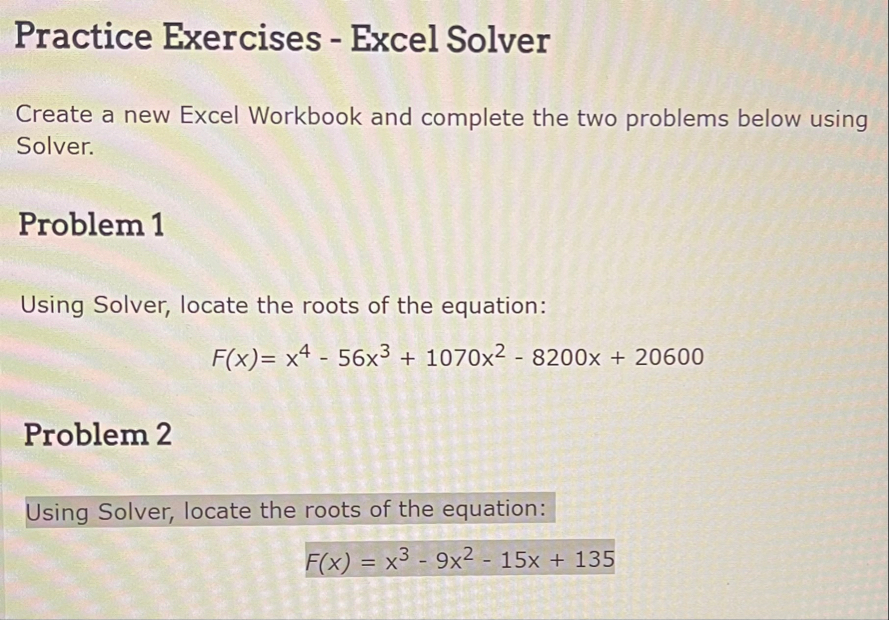 Practice Exercises - ﻿Excel SolverCreate a new Excel | Chegg.com
