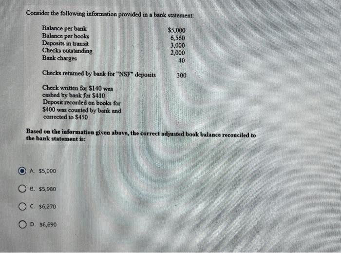 Solved Consider the following information provided in a bank | Chegg.com