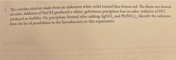 a 1. The colorless solution made from an unknown | Chegg.com