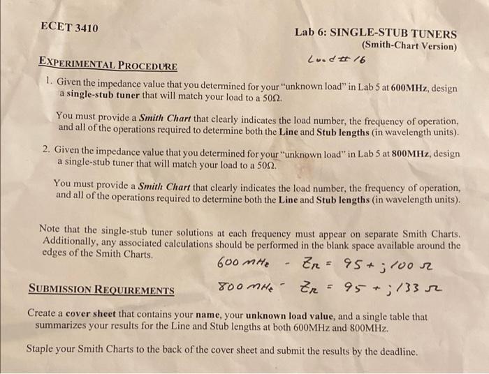 Solved ECET 3410 Lab 6: SINGLE-STUB TUNERS (Smith-Chart | Chegg.com