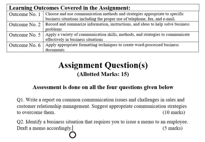 Learning Outcomes Covered in the Assignment: Outcome | Chegg.com