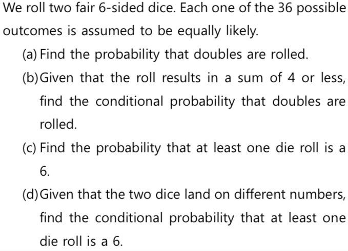 Solved We roll two fair 6-sided dice. Each one of the 36 | Chegg.com