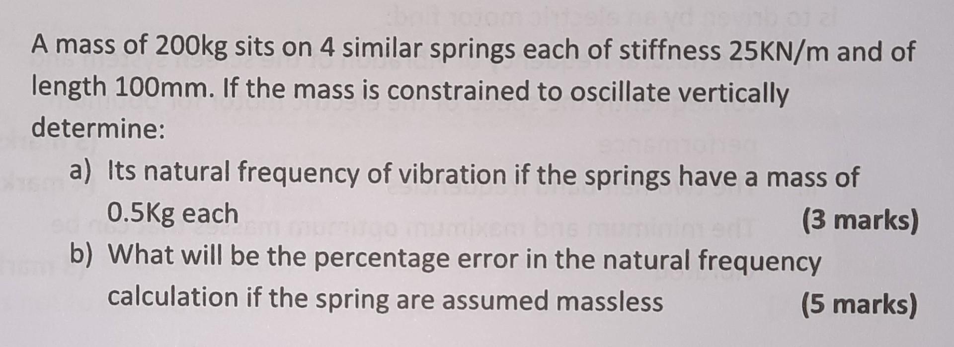 Solved A mass of 200kg sits on 4 similar springs each of | Chegg.com