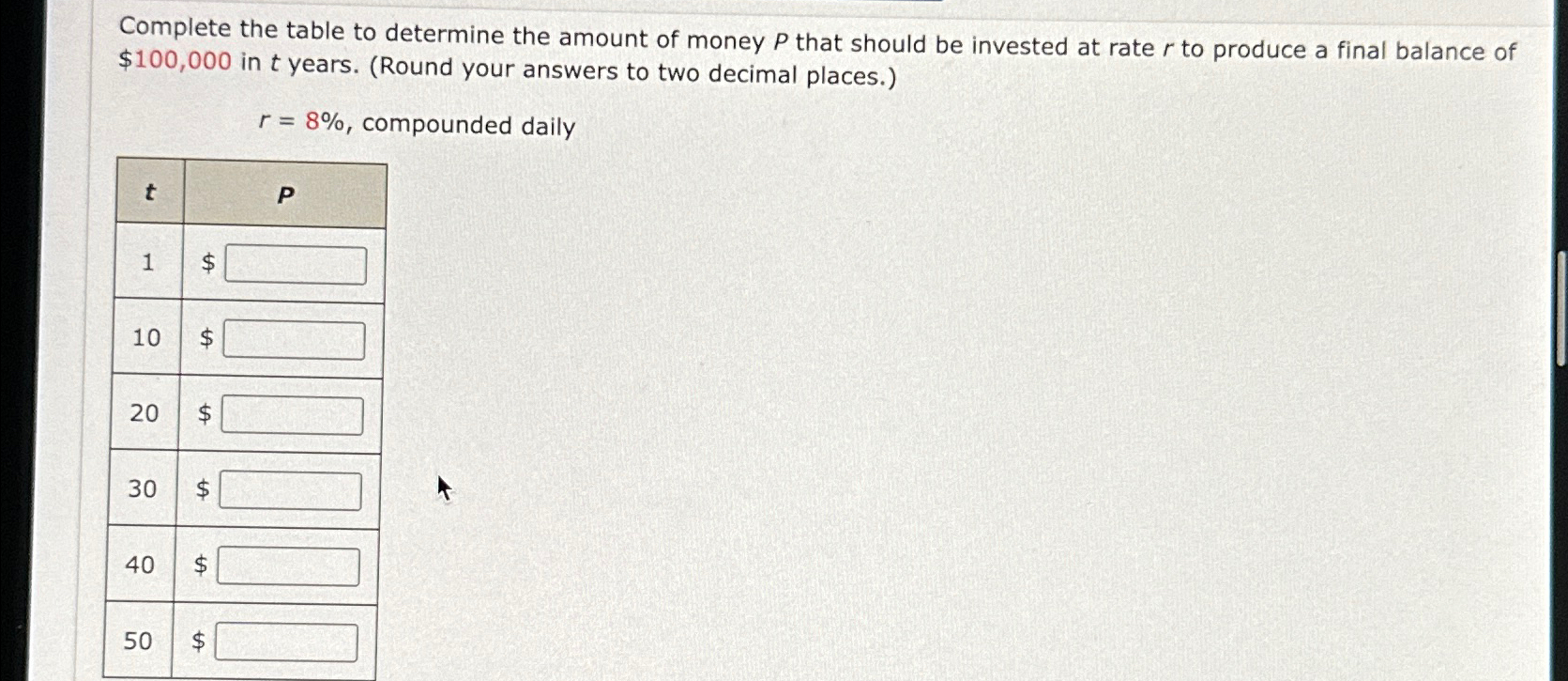 Solved Complete the table to determine the amount of money P | Chegg.com