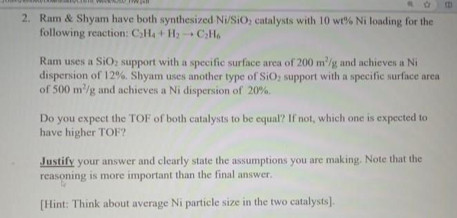 Solved 2. Ram \\& Shyam have both synthesized Ni/SiO 2 | Chegg.com