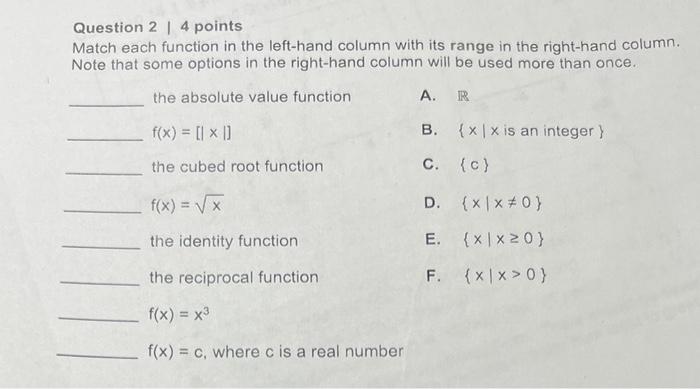 Solved Question 2 I 4 points Match each function in the | Chegg.com