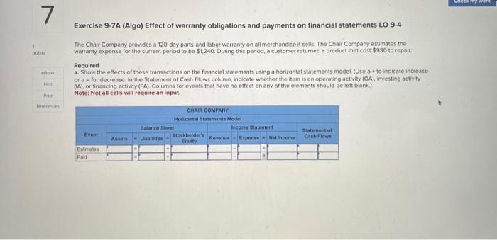 Solved Exercise 9-7A (Algo) Effect of warranty obligations | Chegg.com