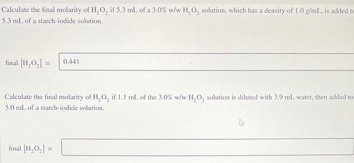 Solved Calculate the final molarity of H, O, if 5.3 mL of a | Chegg.com