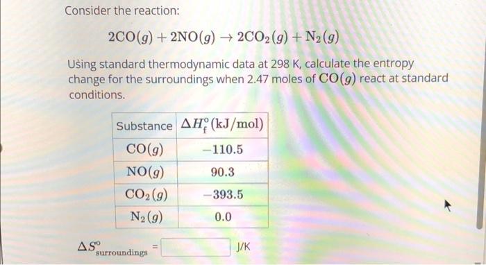 Solved Consider the reaction: 2CO(g)+2NO(g)→2CO2(g)+N2(g) | Chegg.com