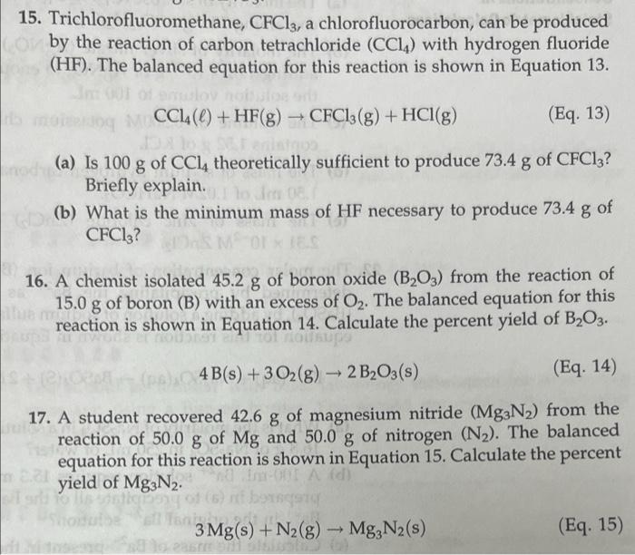 Solved a 15. Trichlorofluoromethane, CFC13, a | Chegg.com