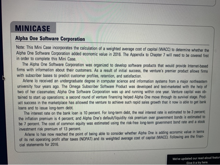 Solved MINICASE Alpha One Software Corporation Note: This | Chegg.com