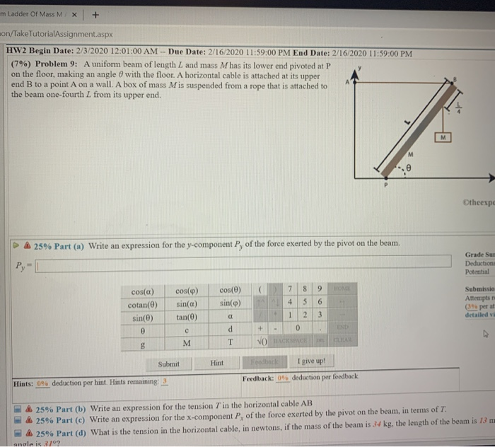 Solved mladder Of Mass M x + on/Take TutorialAssignment.aspx | Chegg.com