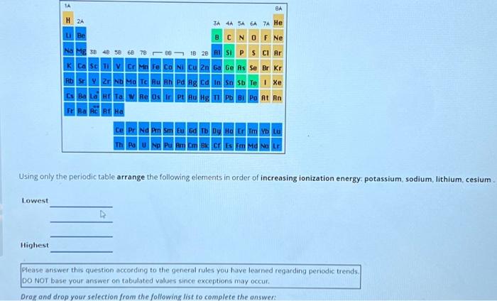 Solved Using only the periodic table arrange the following | Chegg.com