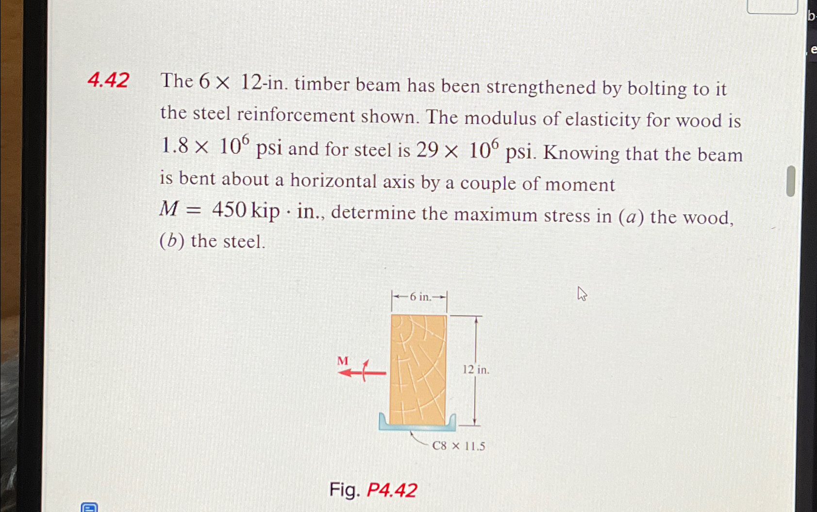 Solved 4.42 ﻿The 6×12-in. ﻿timber beam has been strengthened | Chegg.com