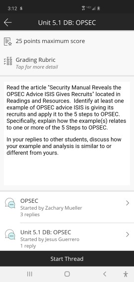 3:12 S Unit 5.1 DB: OPSEC 25 points maximum score El | Chegg.com
