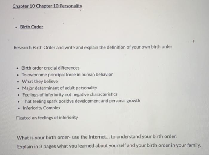Solved Chapter 10 Chapter 10 Personality. • Birth Order | Chegg.com