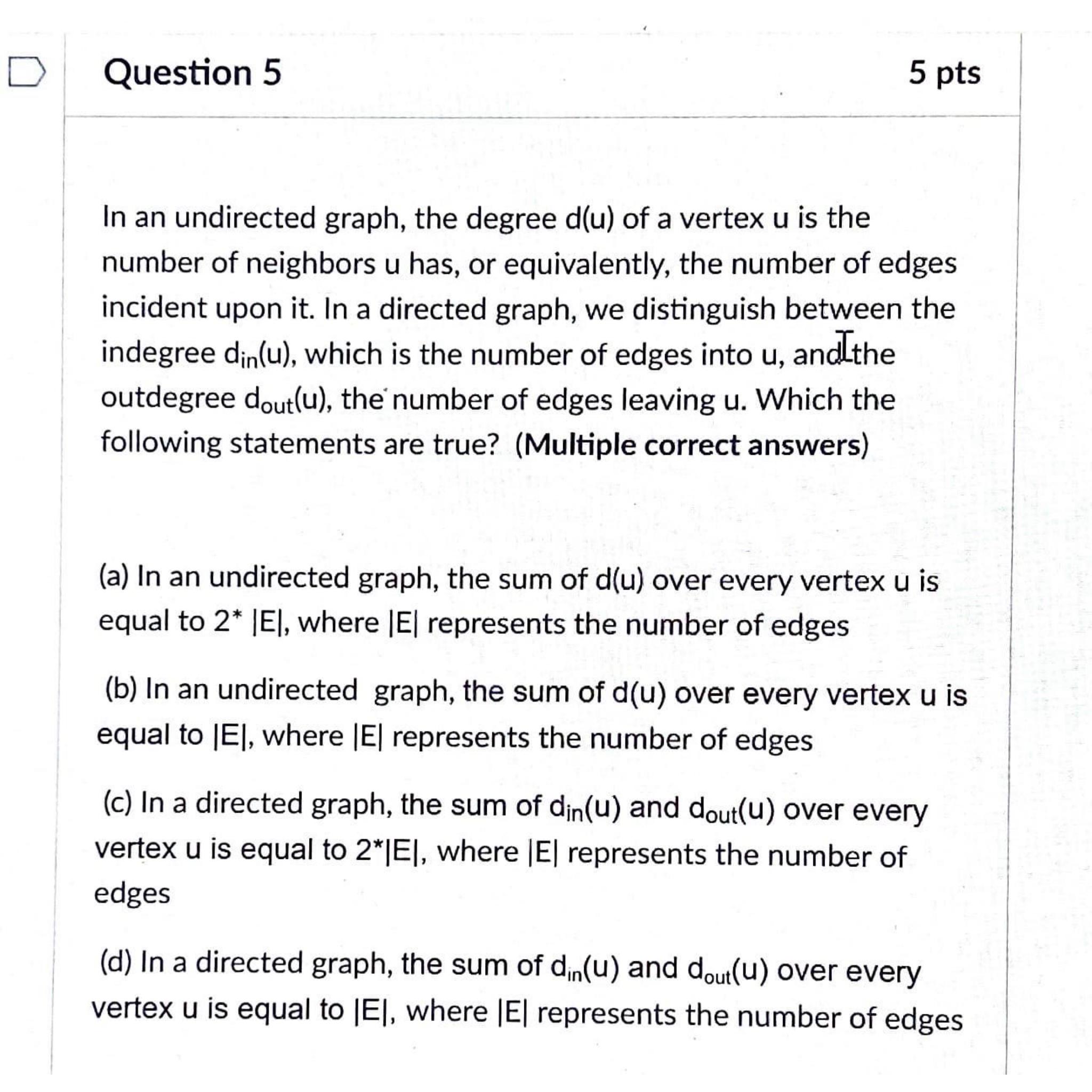 Solved Question 55 ﻿ptsIn an undirected graph, the degree | Chegg.com