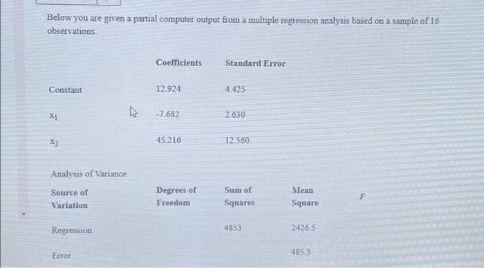Solved Below you are given a partial computer output from a | Chegg.com