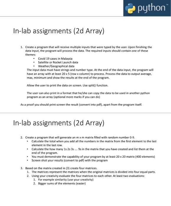 python In-lab assignments (2d Array) 1. Create a | Chegg.com