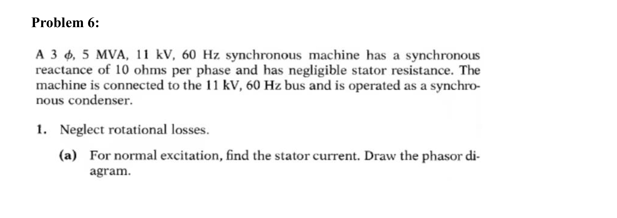 Solved Problem 6:A 3φ,5MVA,11kV,60Hz ﻿synchronous machine | Chegg.com