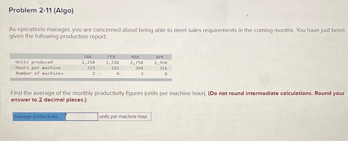 Solved Problem 2-11 (Algo) As operations manager, you are | Chegg.com