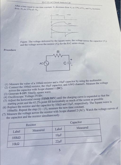 Solved ELC 121 AC Circuit Analysis Lab After a time equal to | Chegg.com