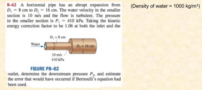 Solved 8-62 A horizontal pipe has an abrupt expansion from ( | Chegg.com
