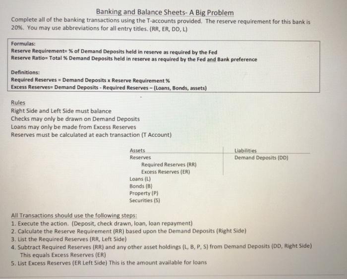 Solved Banking and Balance Sheets- A Big Problem Complete | Chegg.com