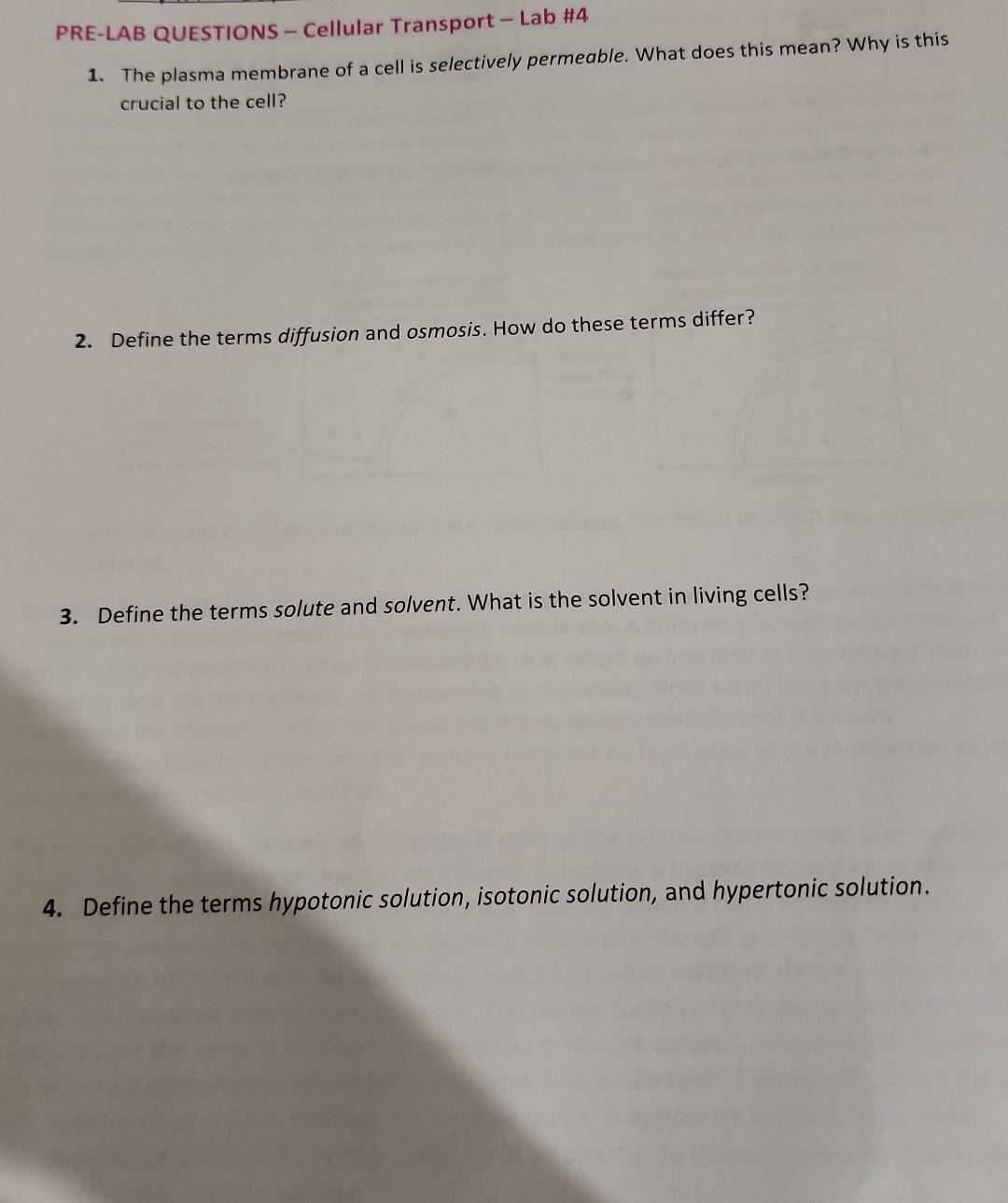 Solved PRE-LAB QUESTIONS - Cellular Transport - Lab \#4 1. | Chegg.com