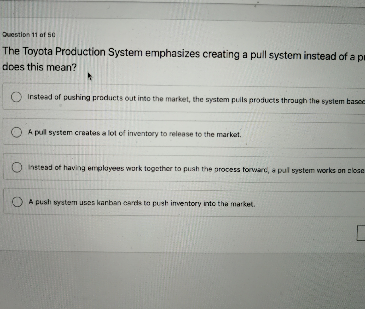 Solved Question 11 ﻿of 50The Toyota Production System | Chegg.com