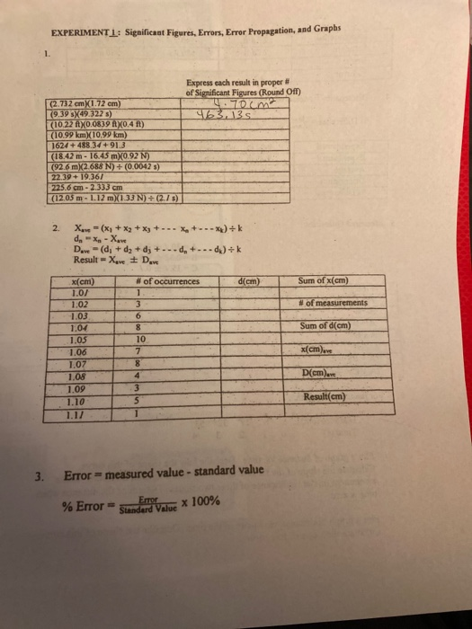 Solved EXPERIMENT 1: Significant Figures, Errors, Error | Chegg.com