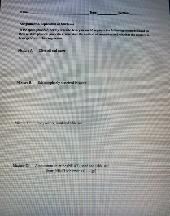 Solved Name: Date: Section: Assignment 2. Separation of | Chegg.com