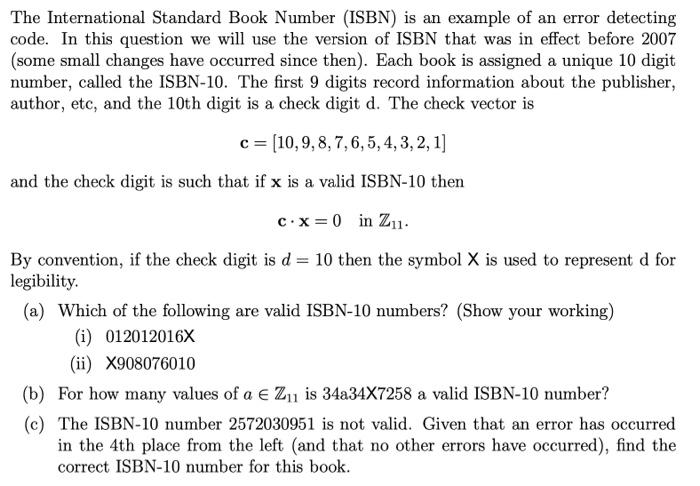 Solved The International Standard Book Number (ISBN) is an | Chegg.com