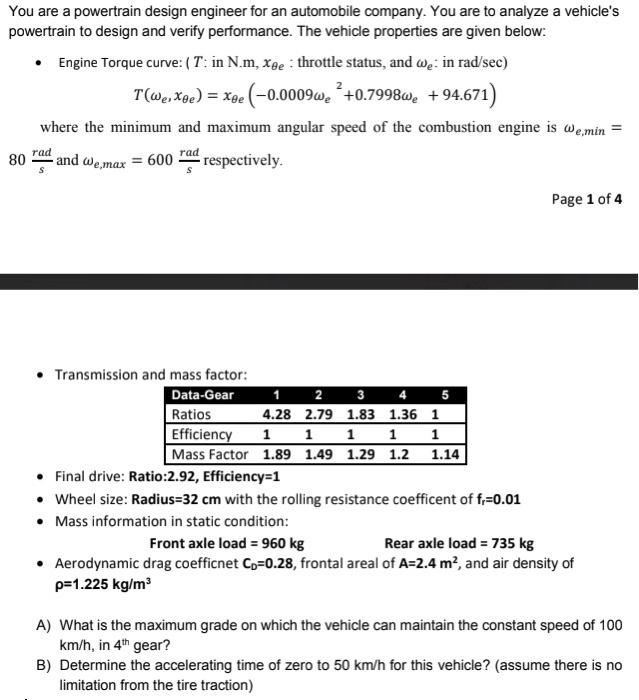 Solved You are a powertrain design engineer for an | Chegg.com