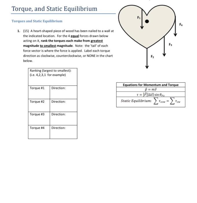 Solved Torque, and Static Equilibrium F1 Torques and Static | Chegg.com
