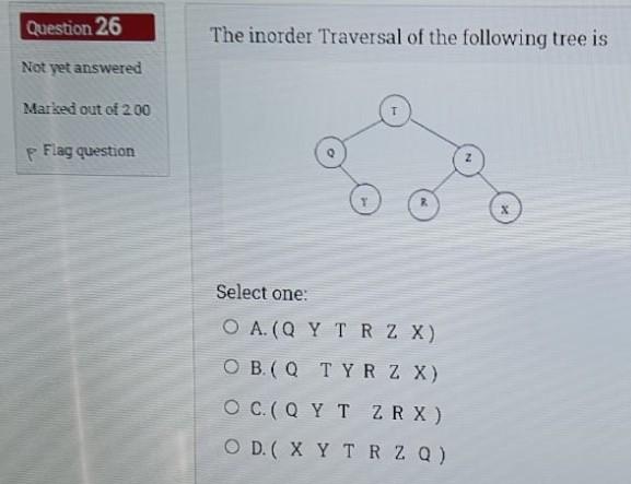 Solved Question 26 The inorder Traversal of the following | Chegg.com