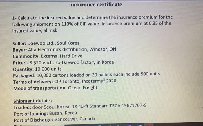 insurance certificate 1- Calculate the insured value | Chegg.com