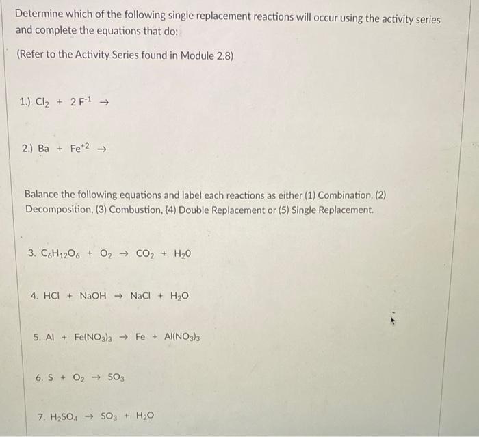 Solved Determine which of the following single replacement | Chegg.com