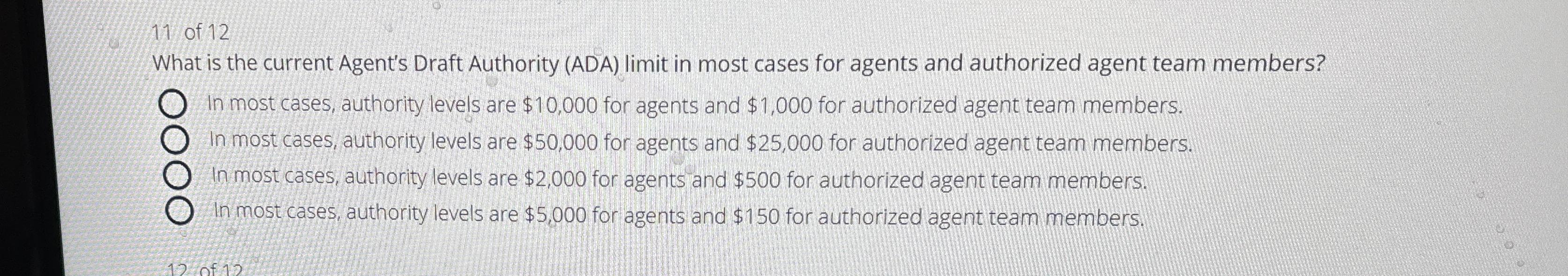 Solved 11 ﻿of 12What is the current Agent's Draft Authority | Chegg.com