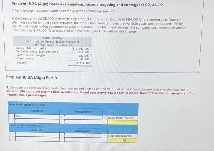 Solved Required information Problem 18-3A (Algo) Break-even | Chegg.com