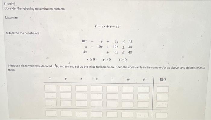 Solved (1 point) Consider the following maximization | Chegg.com