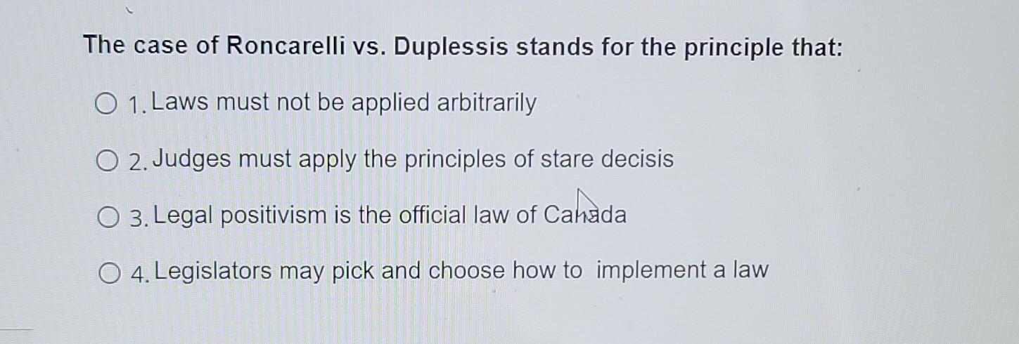 The case of Roncarelli vs. Duplessis stands for the | Chegg.com