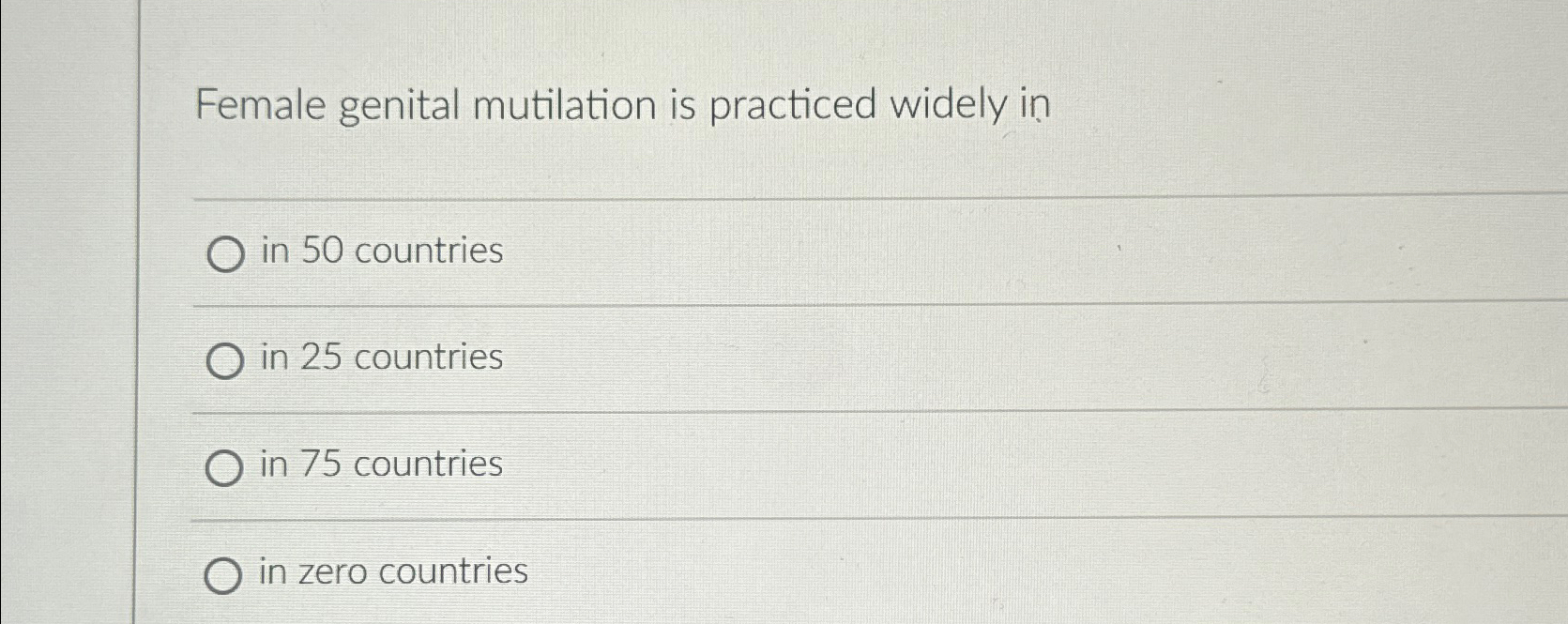 Solved Female genital mutilation is practiced widely inin 50 | Chegg.com